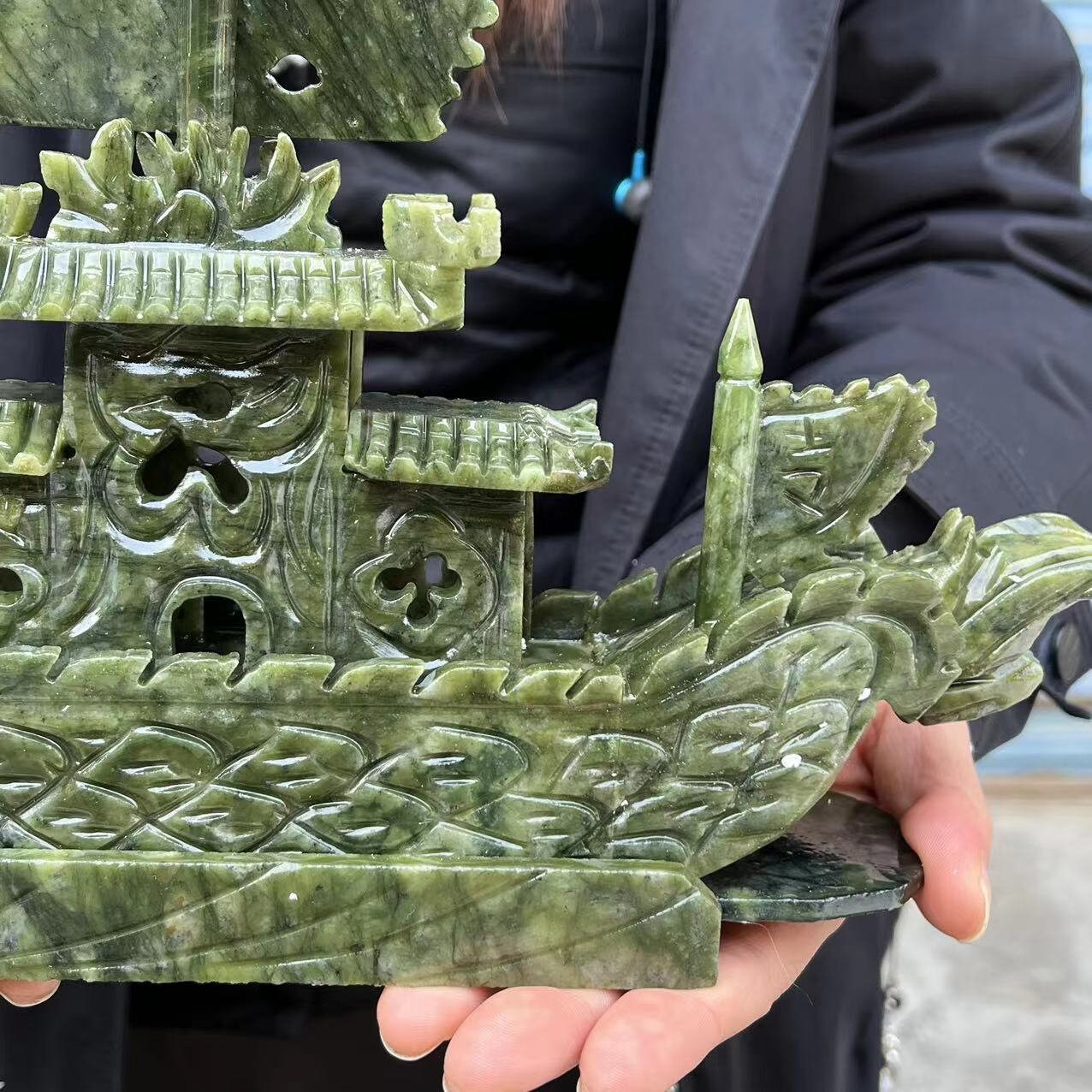 Collect Green Jade Hand-carved Jade Boat Statue Sculpture, Jade Carving ...