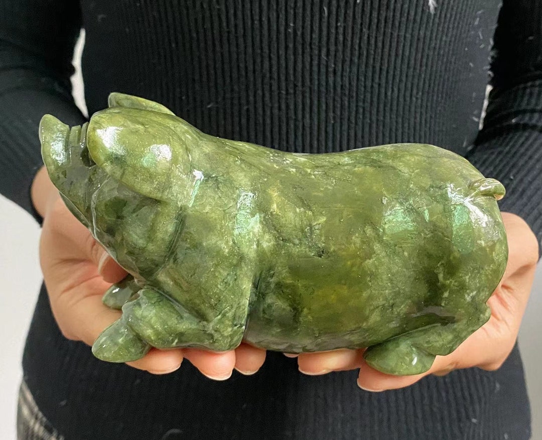 Large Jade Carved Green Jade Pig Fengshui Animal Statue Sculpture ...