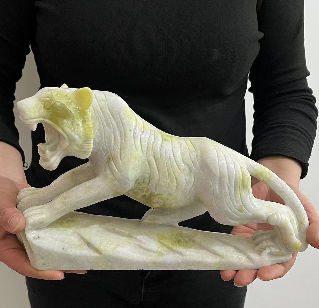 Large Jade Carved White Jade Tiger Fengshui Animal Statue Sculpture ...
