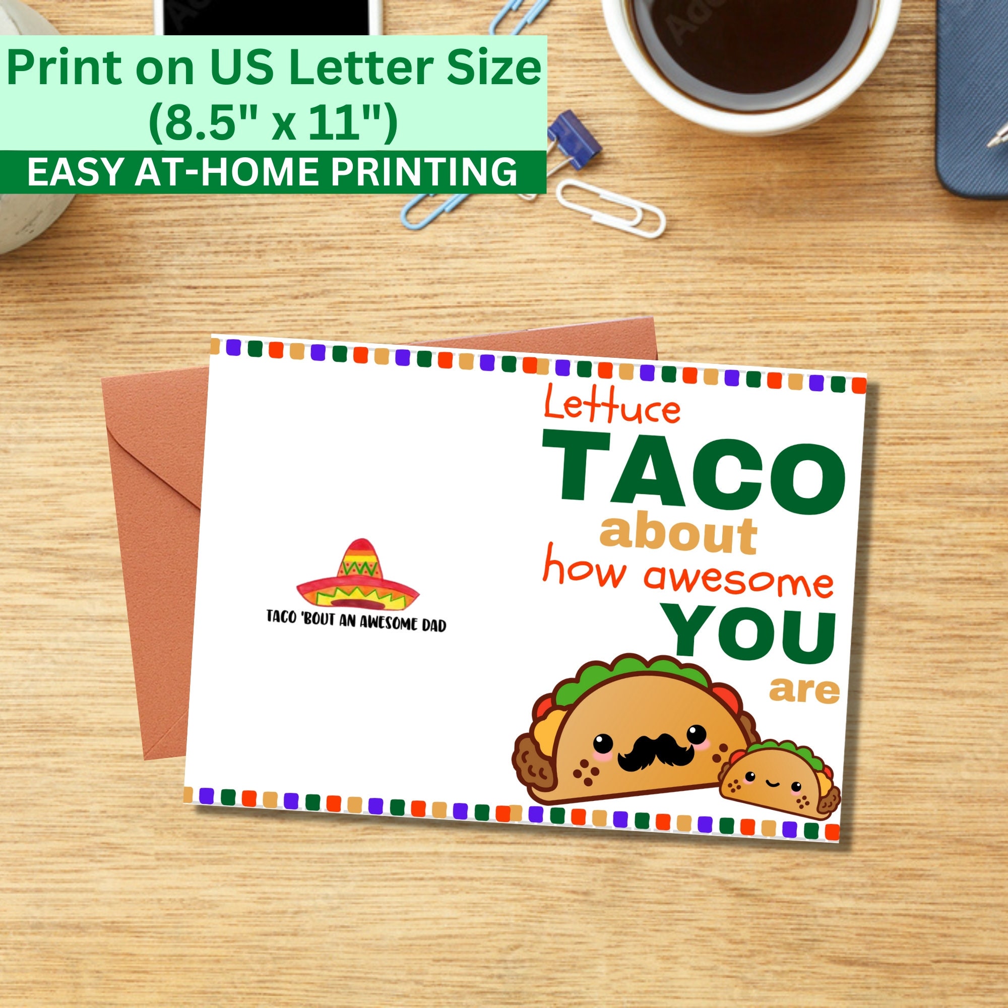 Funny 5x7 Printable Father's Day Greeting Card Puns Dad Lettuce Taco ...