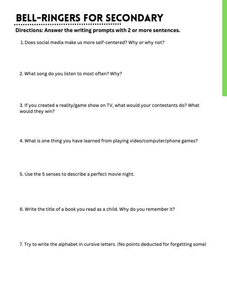 100 Printable Bell-ringers for Middle/high School - Etsy