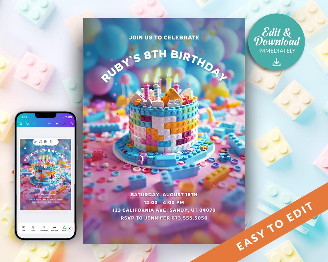 Editable Building Block Birthday Invitation Template | Colorful Kids ...