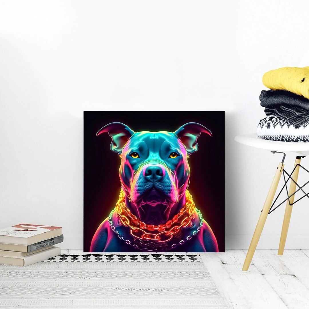 Pitbull Wearing Necklace in Futuristic Color - Canvas Art - Ready to ...