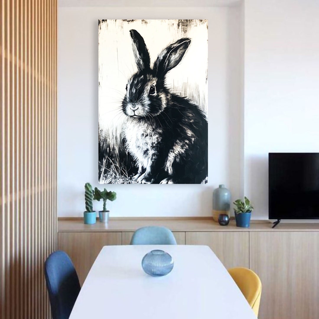 Monochrome Ink Drawing Rabbit - Canvas Art - Ready to Hang - Etsy