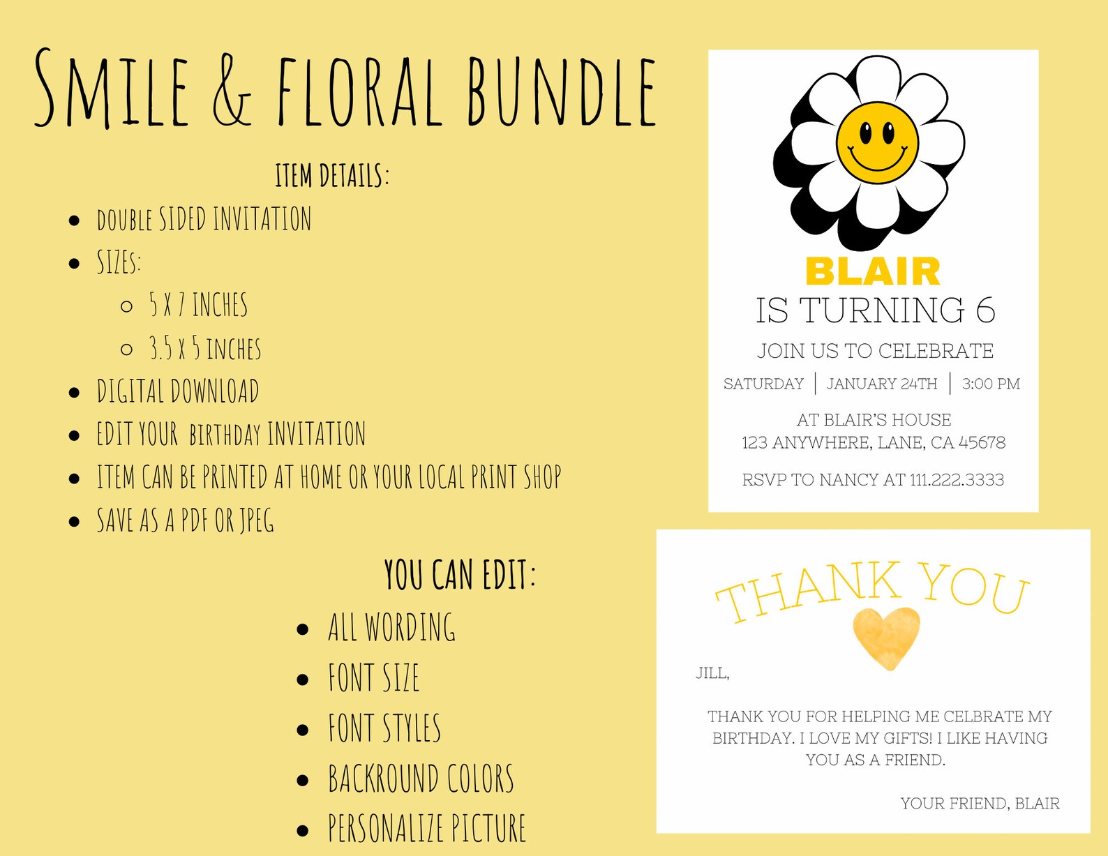 Smile & Floral Bundle Invitation - Etsy