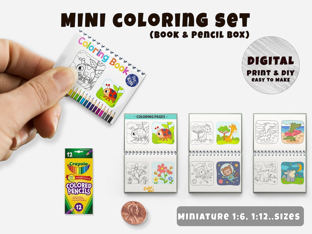 Miniature Coloring Set - Box & Book With Real Pages (1:6, 12 ...