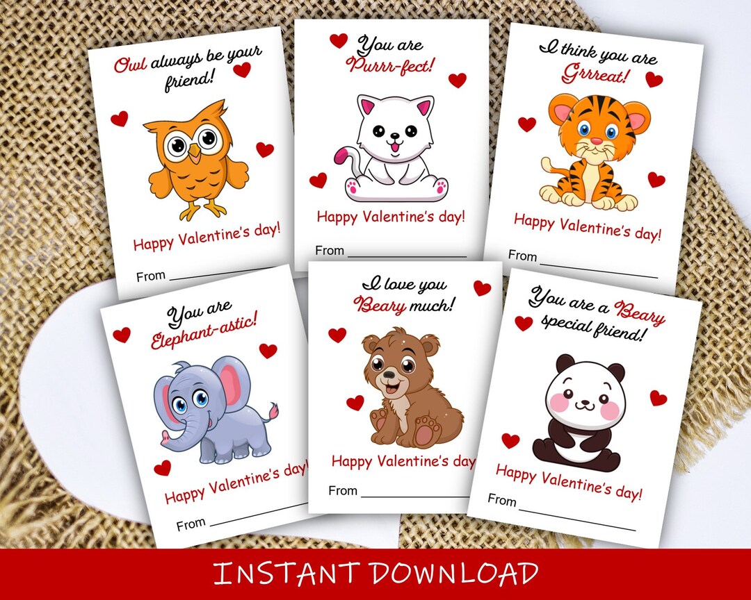 Printable Animal Valentine's Day Cards for Kids (digital Download) - Etsy
