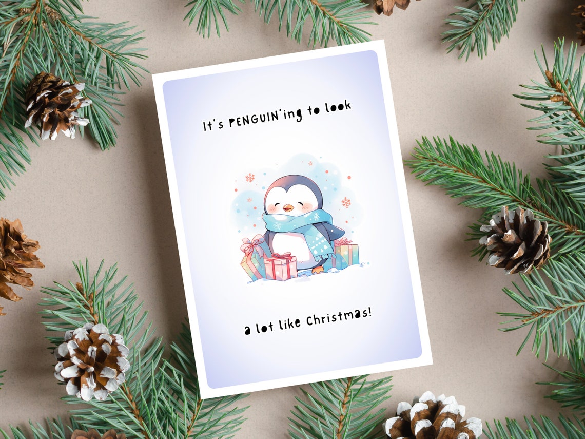 Penguin Christmas Card Holiday Greeting Family Host Gift Long Distance ...