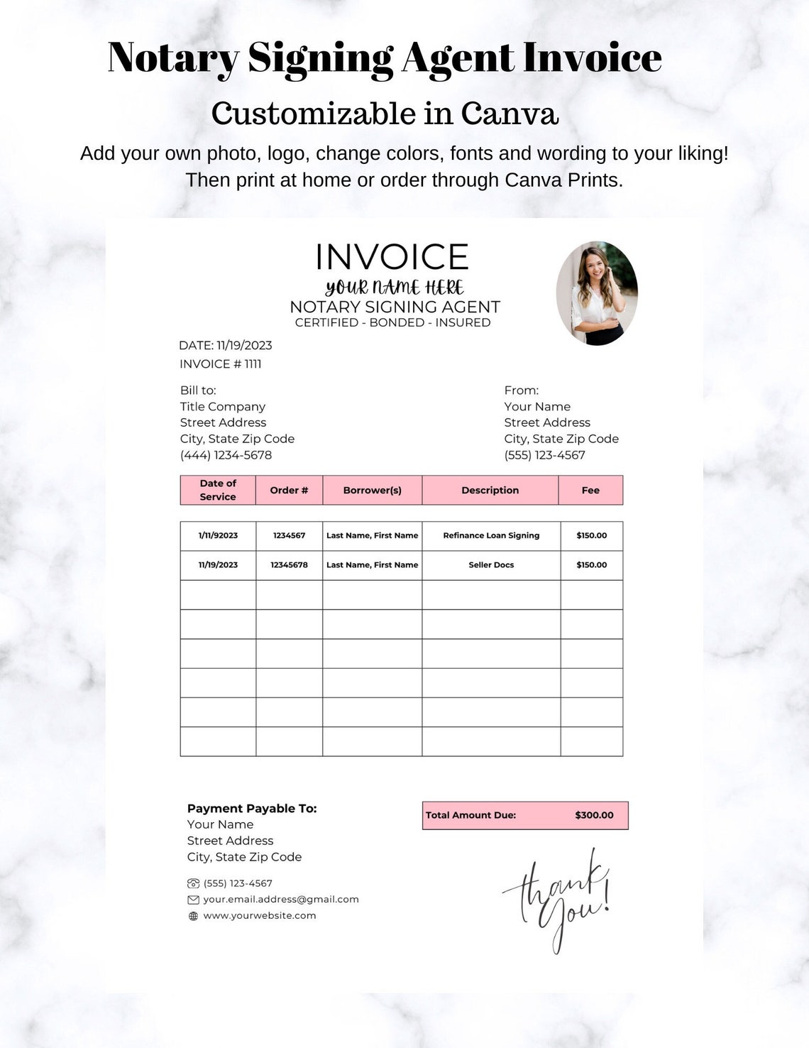 Notary Signing Agent Template Invoice Pink Canva Template Customizable ...