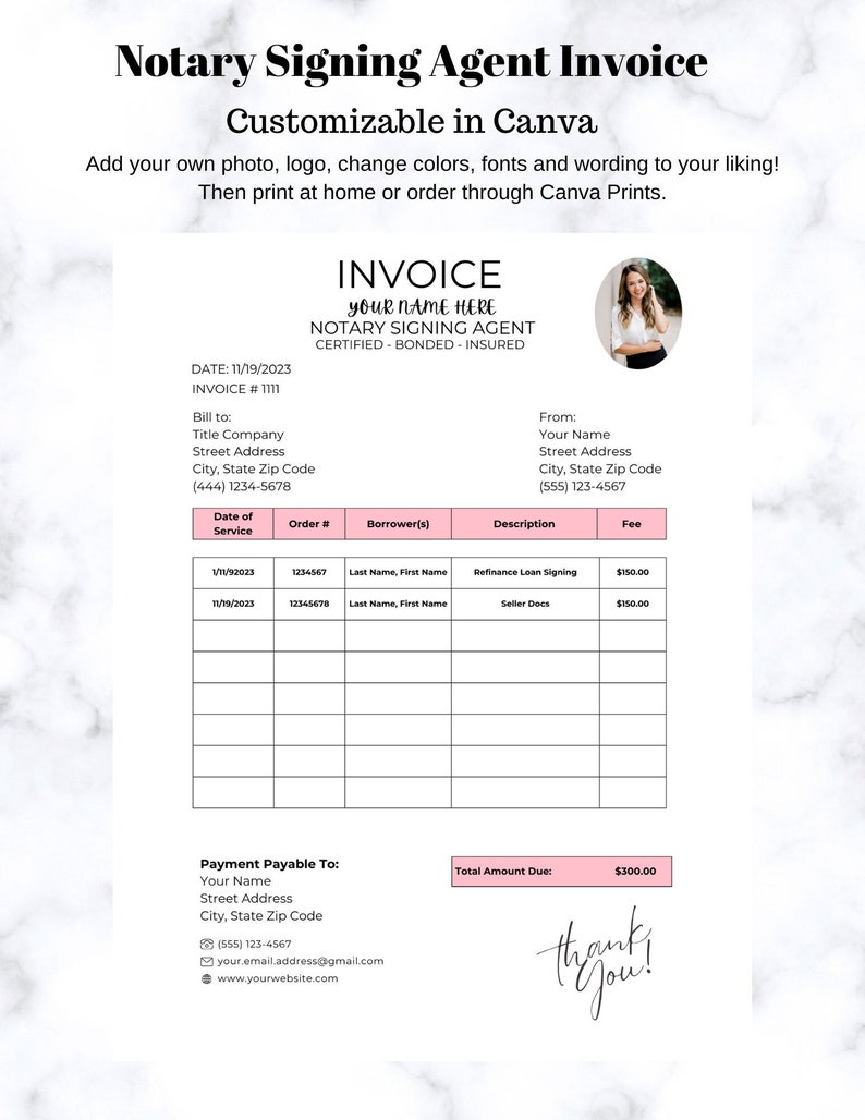 Notary Signing Agent Template Invoice Pink Canva Template Customizable ...