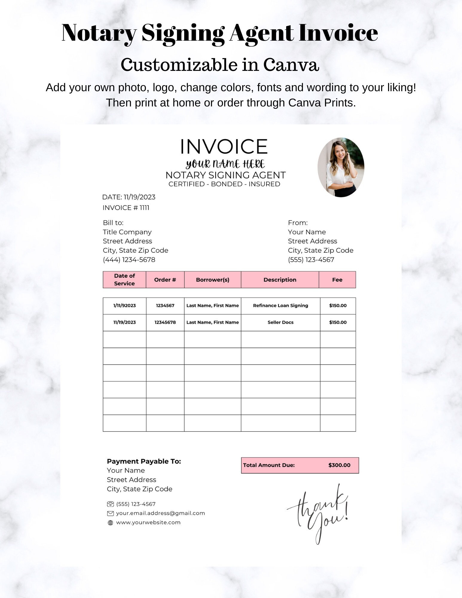 Notary Signing Agent Template Invoice Pink Canva Template Customizable ...
