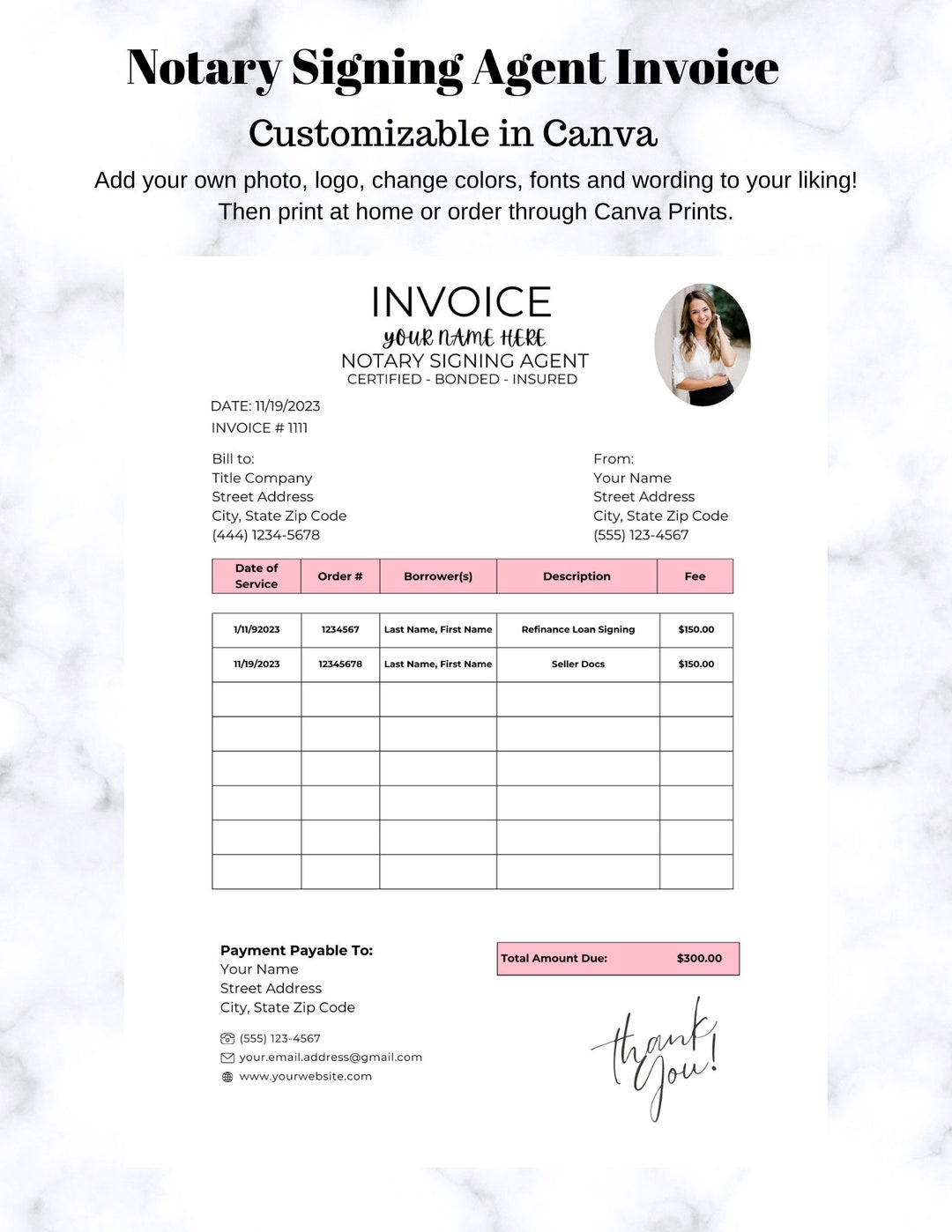 Notary Signing Agent Template Invoice Pink Canva Template - Etsy