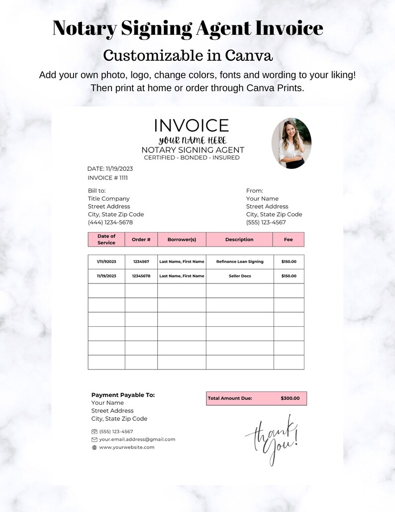Notary Signing Agent Template Invoice Pink Canva Template - Etsy