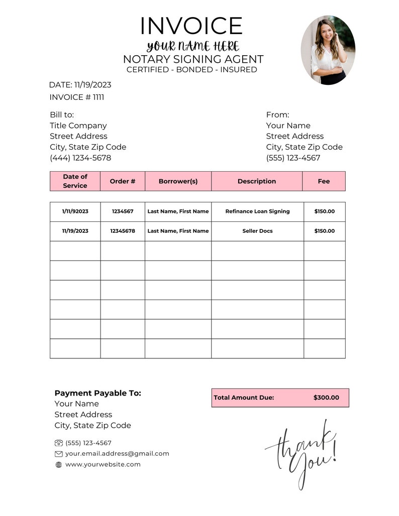 Notary Signing Agent Template Invoice Pink Canva Template - Etsy