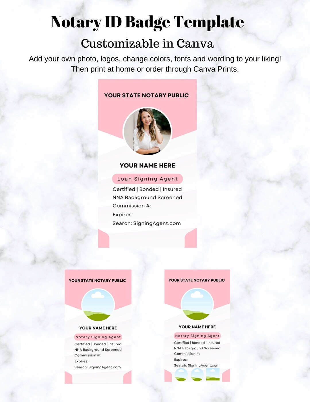 Pink & White Notary Badge Template, NSA ID Card, Notary Signing Agent ...