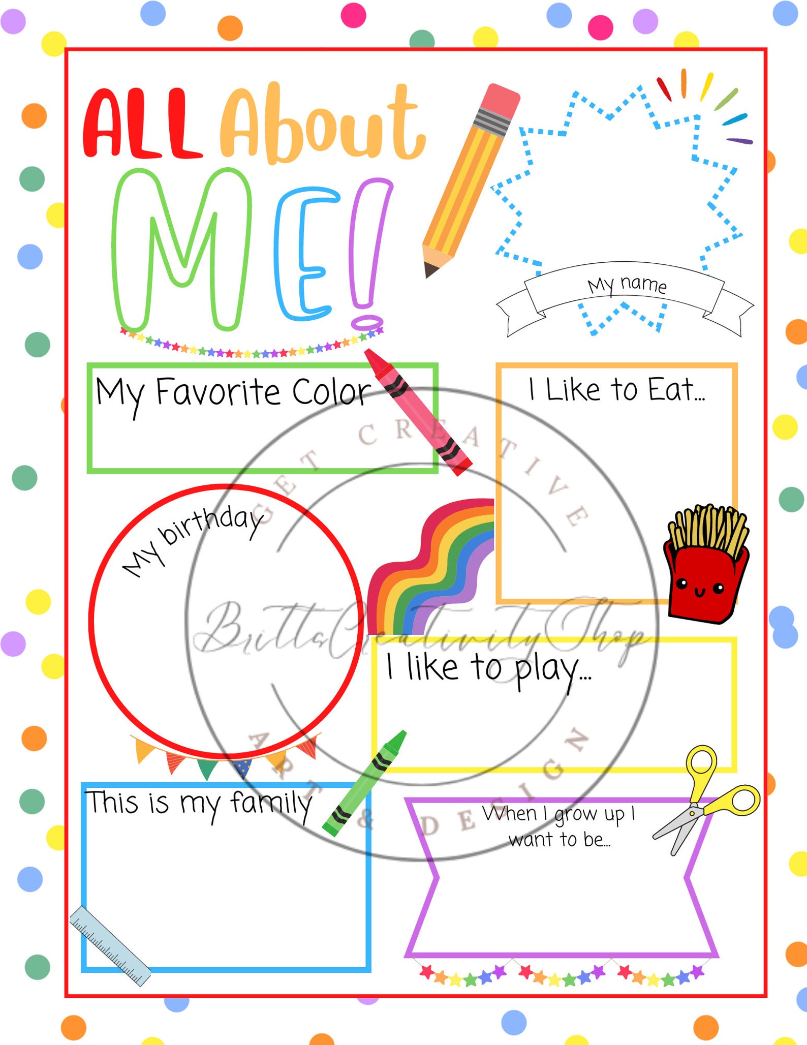 ALL ABOUT ME Sheets for Kids, Printable Activity, Writing Prompt for ...