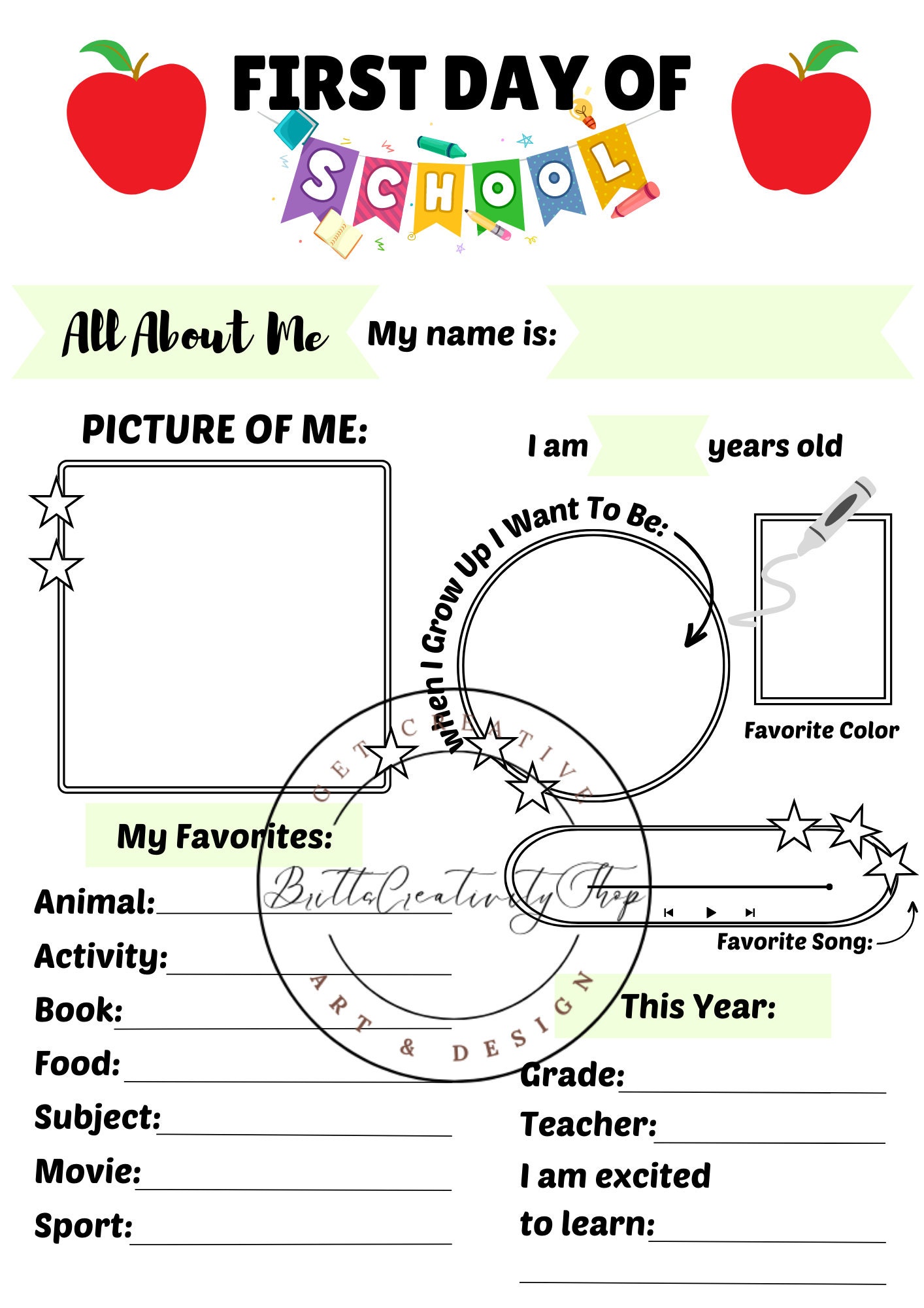 FIRST DAY All About Me Activity Sheet for Kids, Writing Prompt for Kids ...