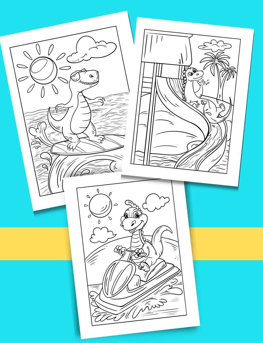 Summer Dinosaur Coloring Pages for Kids | Hand-drawn Pages (digital ...