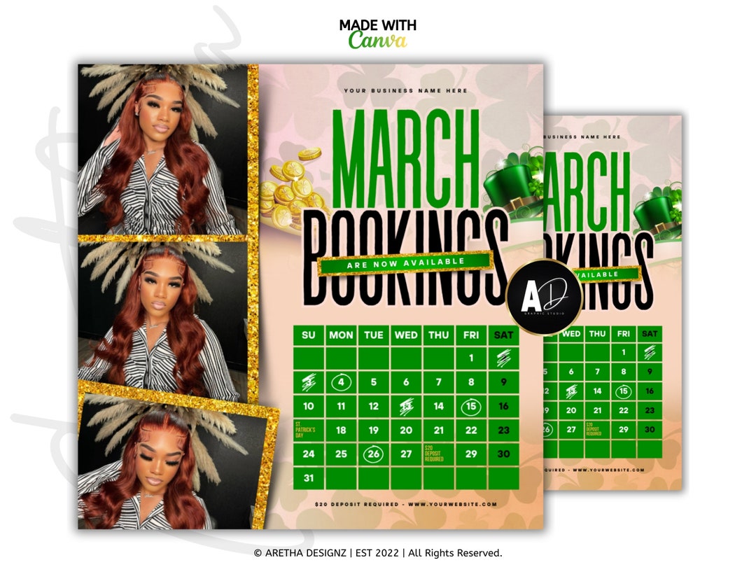 March Booking Flyer | March Calendar, DIY, Nails, Install, MUA, Braids ...