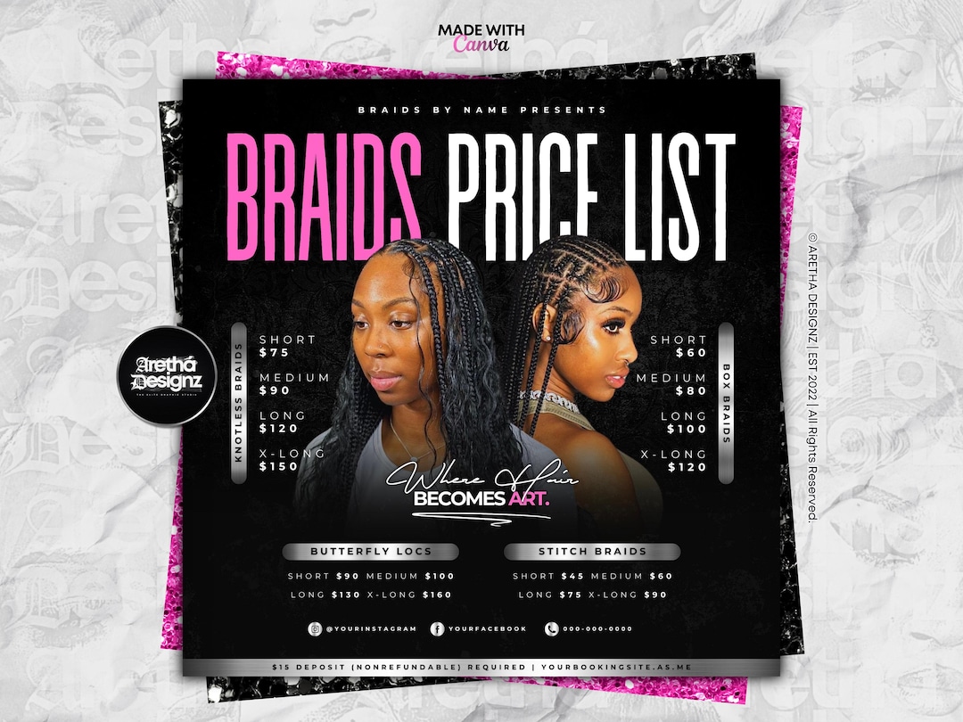 DIY Braids Price List Template: Salon Flyer (edit in Canva) - Etsy