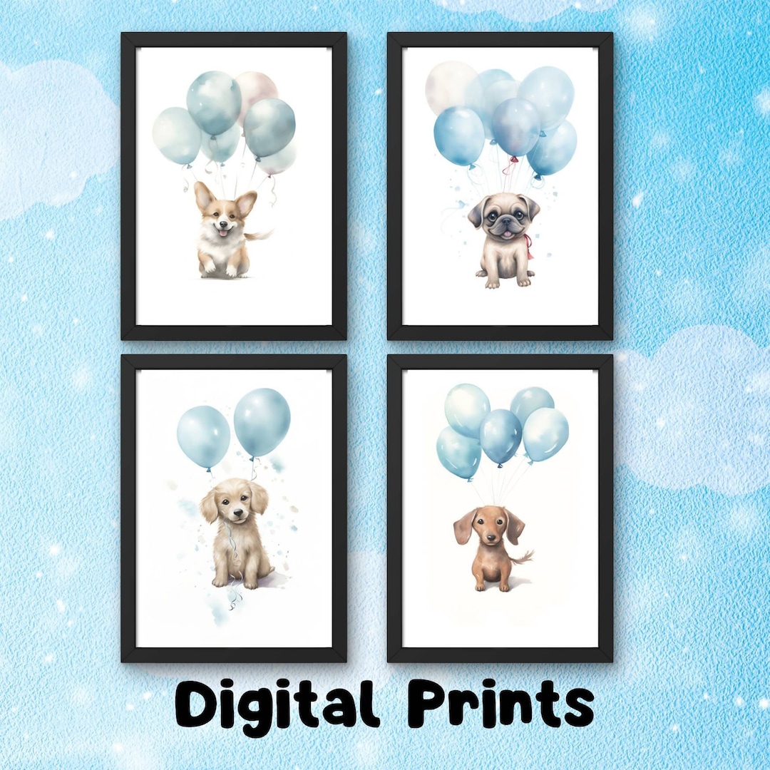 Cute Puppy Dog With Balloons Art Set of 4 Collection Poster - Etsy