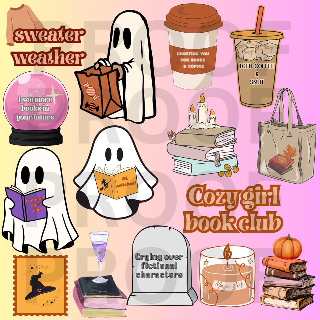 Bookish Halloween Digital Stickers , Cozy Ghost Book Club Stickers ...