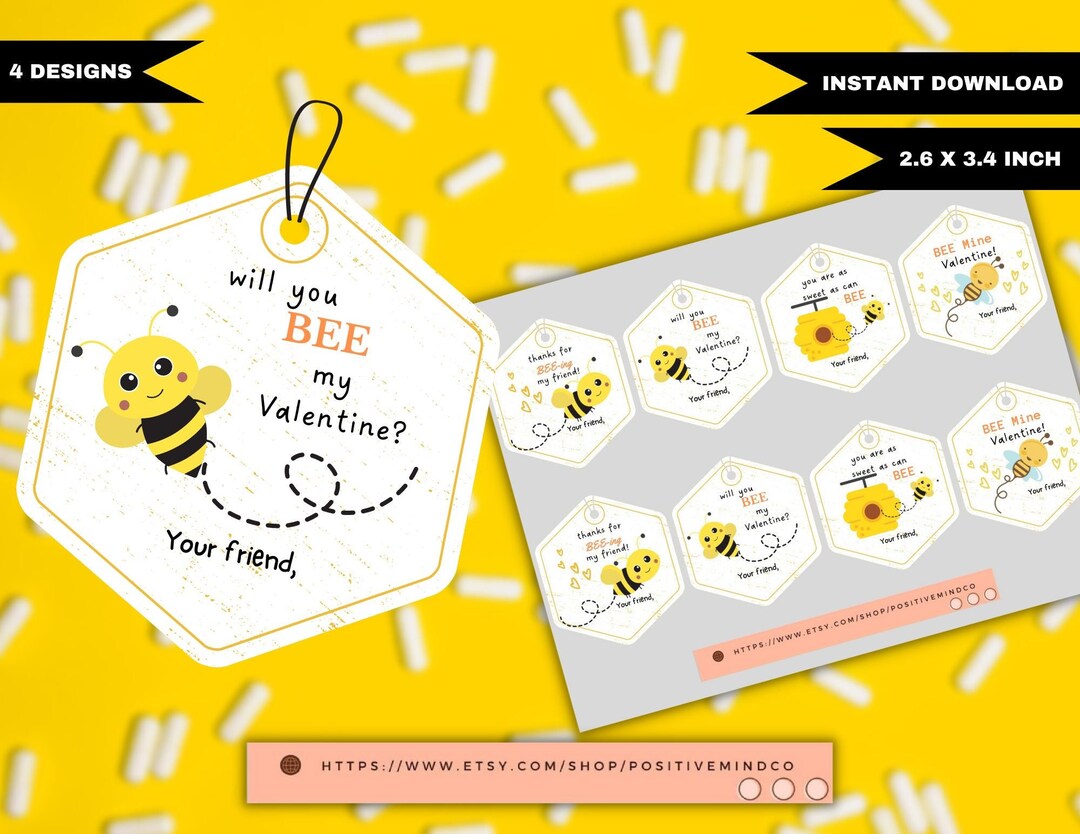 4 Design of Bee Valentine Gift Tags, DIY Valentine, Printable Valentine ...