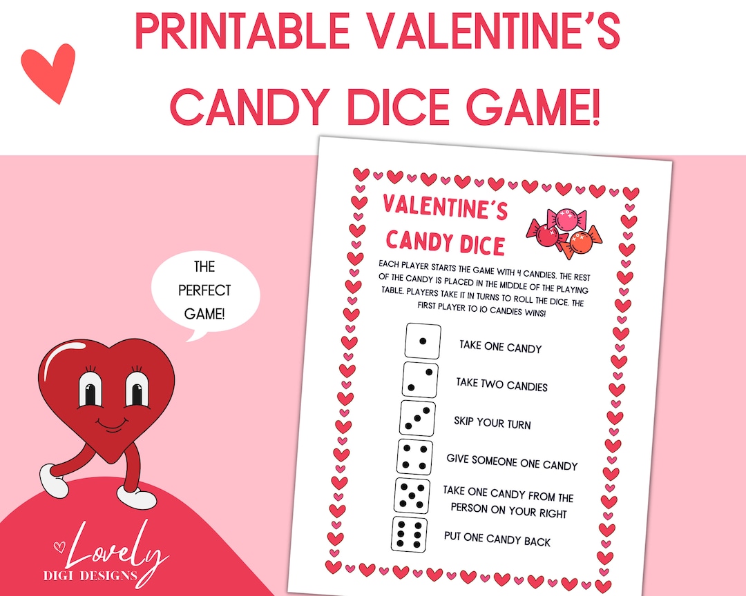 Printable Valentine's Candy Dice Game Valentine's Day - Etsy