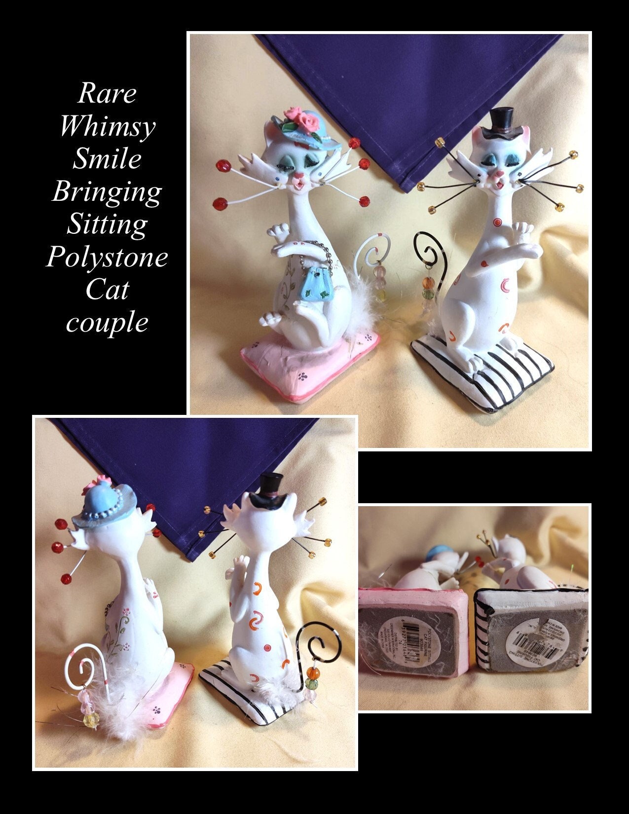 Rare Vintage Whimsy Design Polystone Feline Cats on Pillow. Comical ...