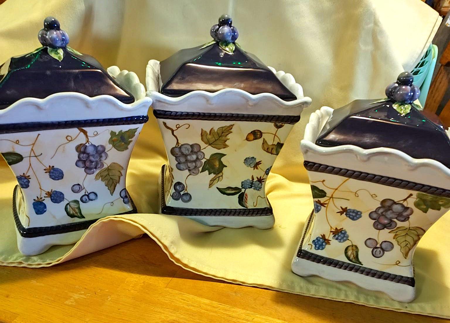 Vintage Capriware Hand Painted Canisters Ceramic Set of 3, Purple Grape ...