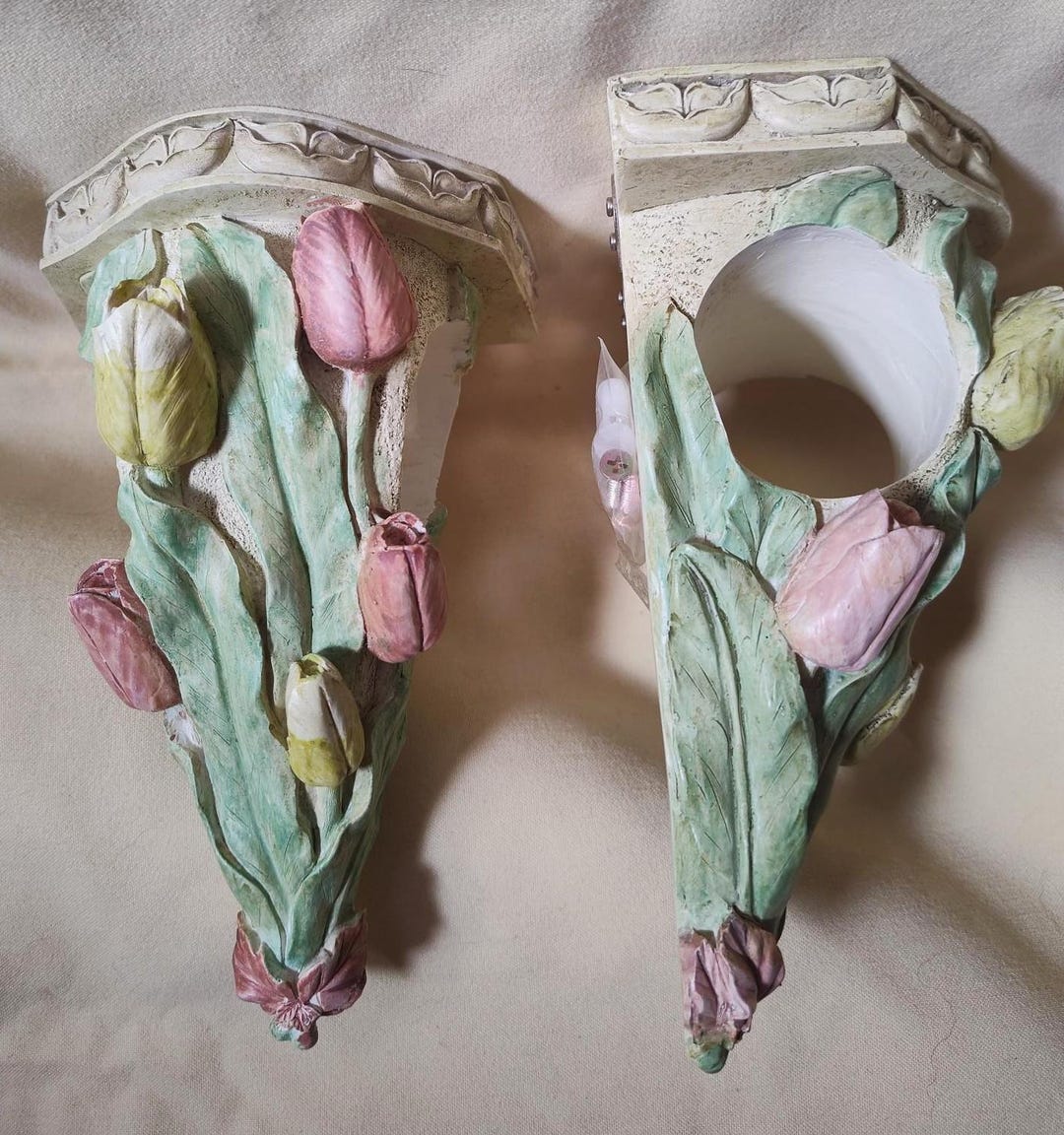 Pair of 2 Vintage Pastel Floral Curtain Rod Brackets – Tulip Design ...