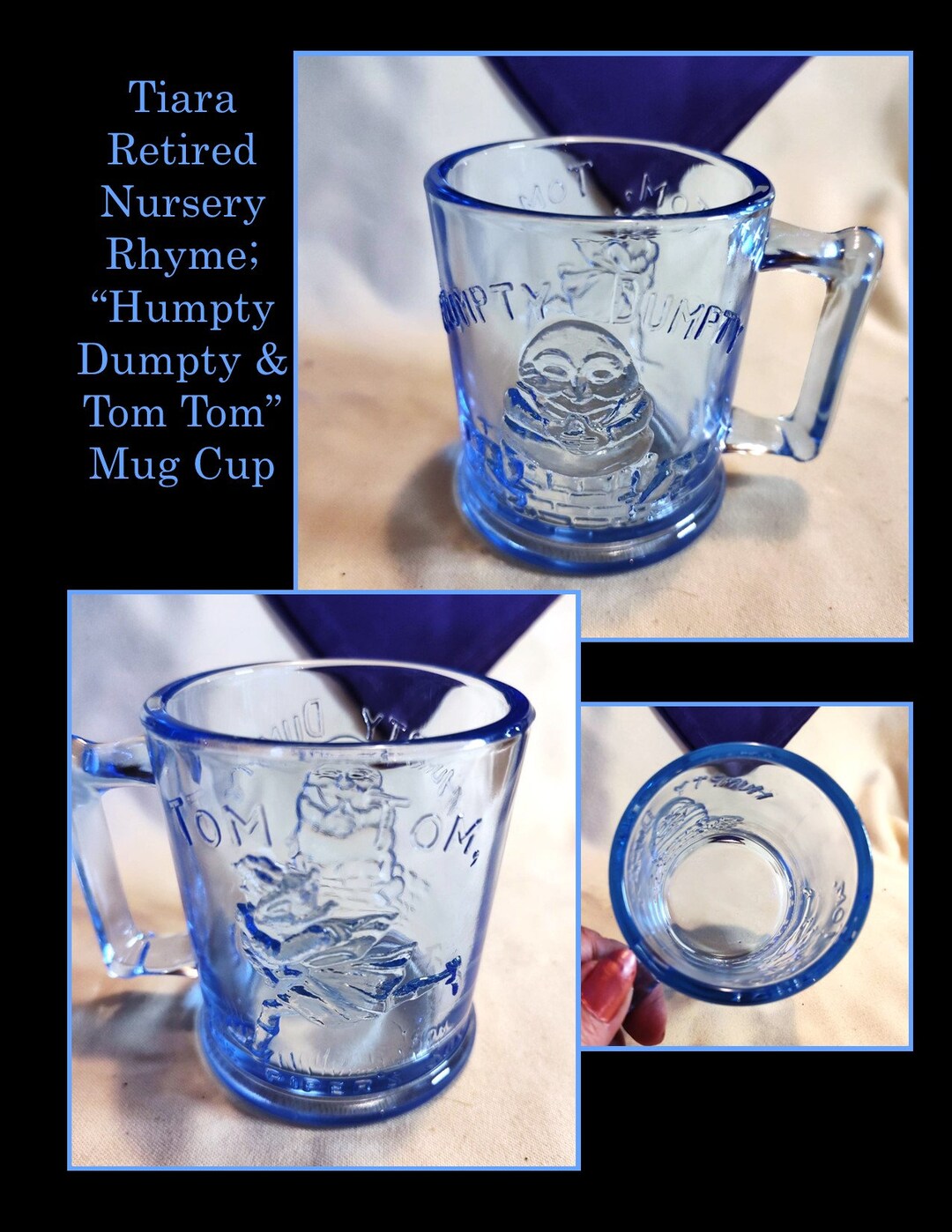 Rare Retired Blue Vintage Humpty Dumpty and Tom Tom Glass Tankard/mug ...