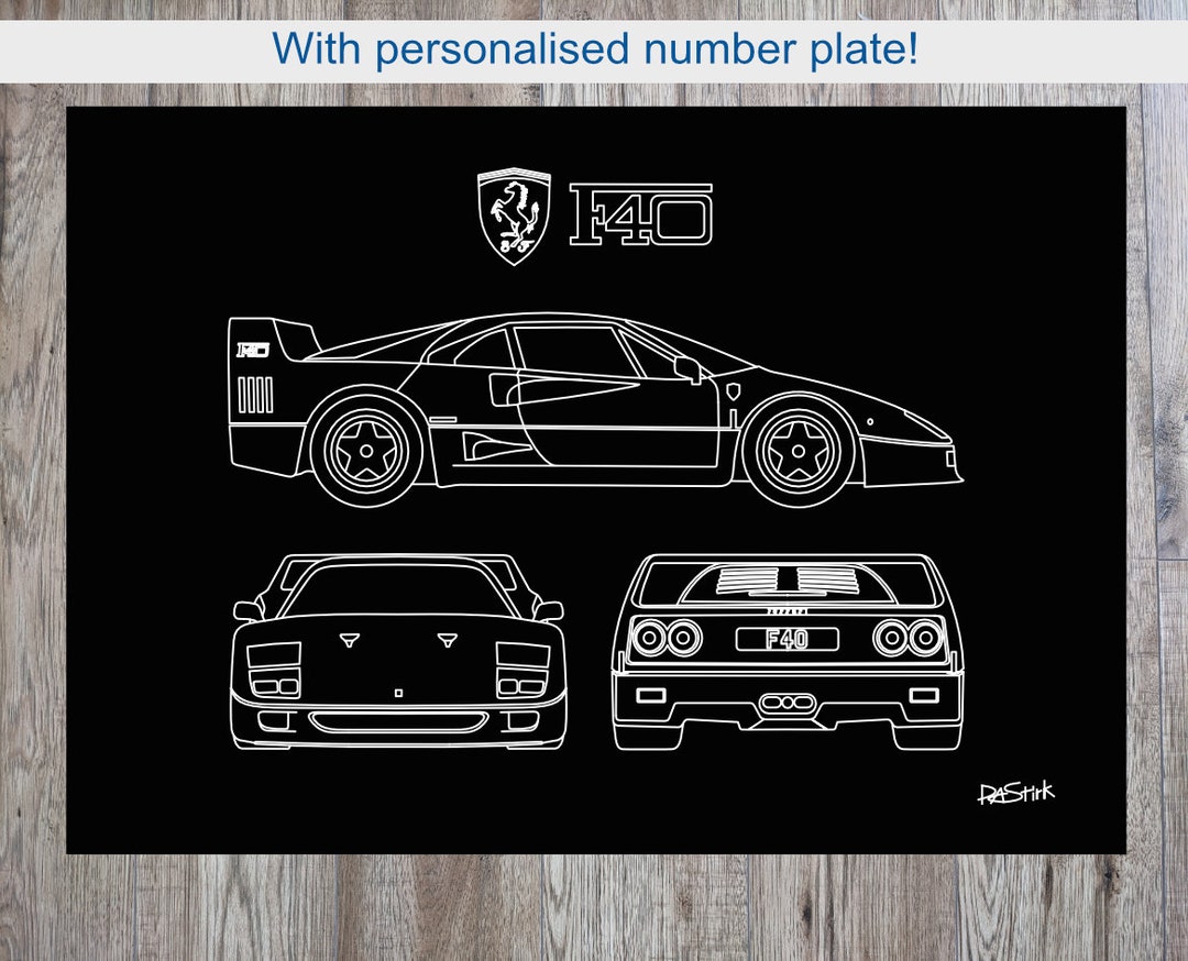 A3 Ferrari F40 With Optional Personalised Number Plate on 5mm Foamboard ...