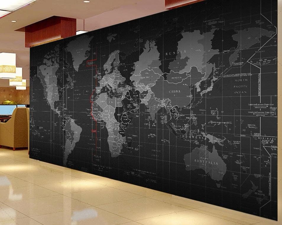 Black Modern World Map, World Map Wall Decal, World Map Wallpaper ...