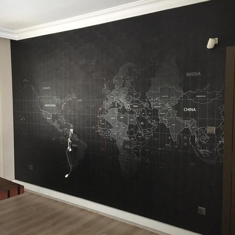 Black Modern World Map, World Map Wall Decal, World Map Wallpaper ...