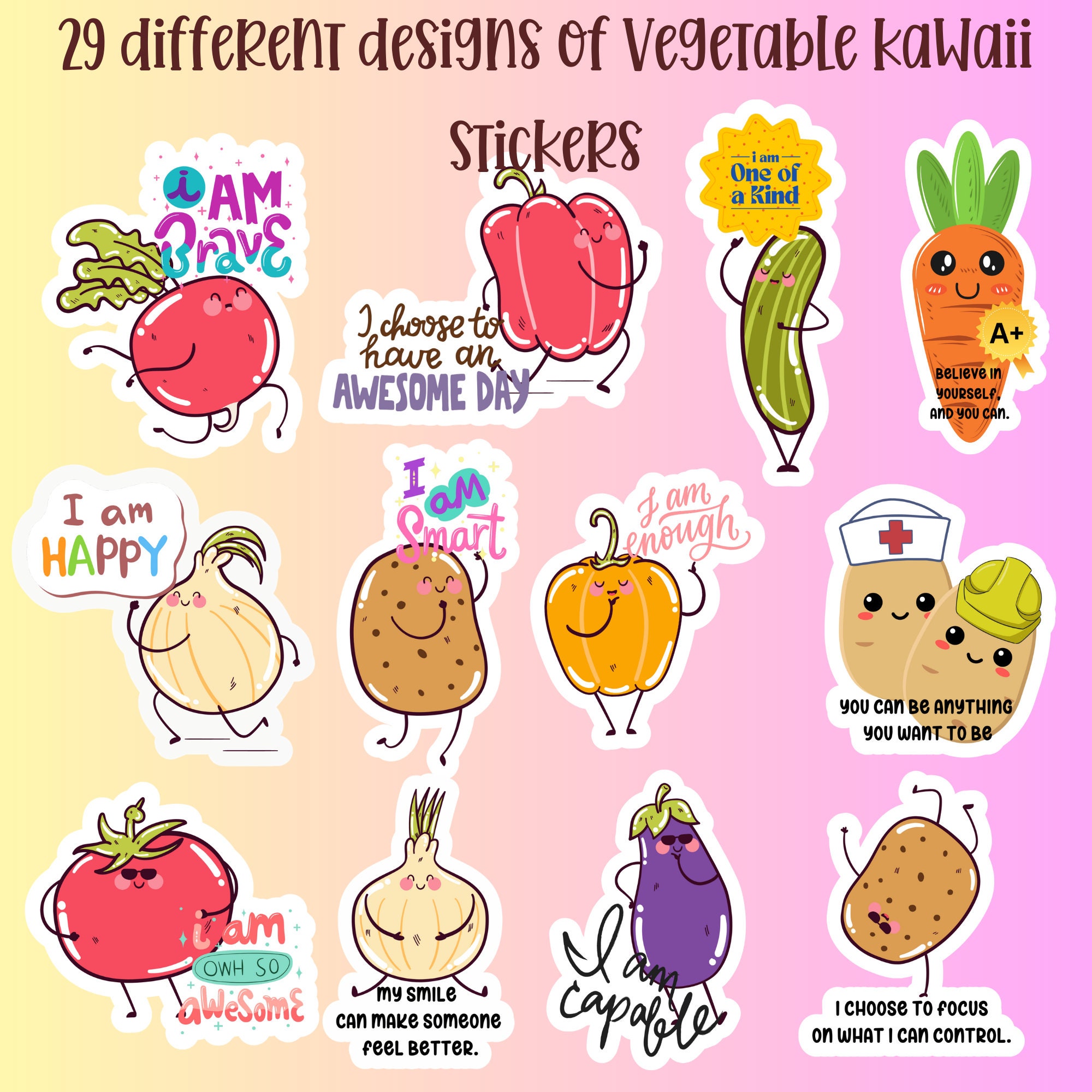 Kawaii Vegetable Stickers, Cute Anime Veggie Decals, Bullet Journal ...