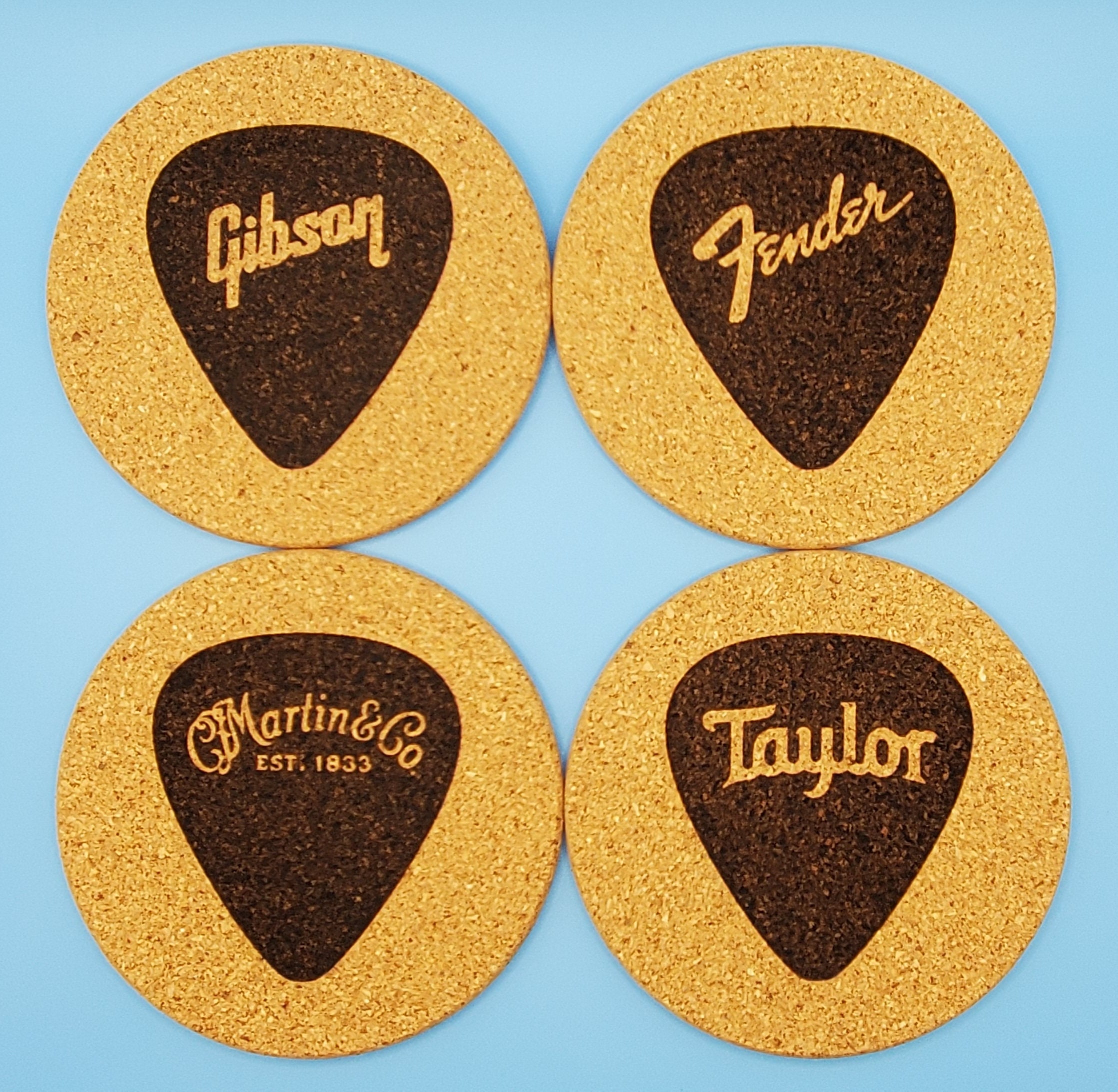 Guitar Brand Cork Coasters, Set of 4. Laser Engraved, Gibson, Fender ...
