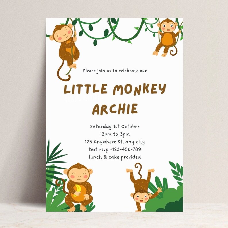 Monkey Themed Party Invite- Customizable Digital Download Template - Etsy