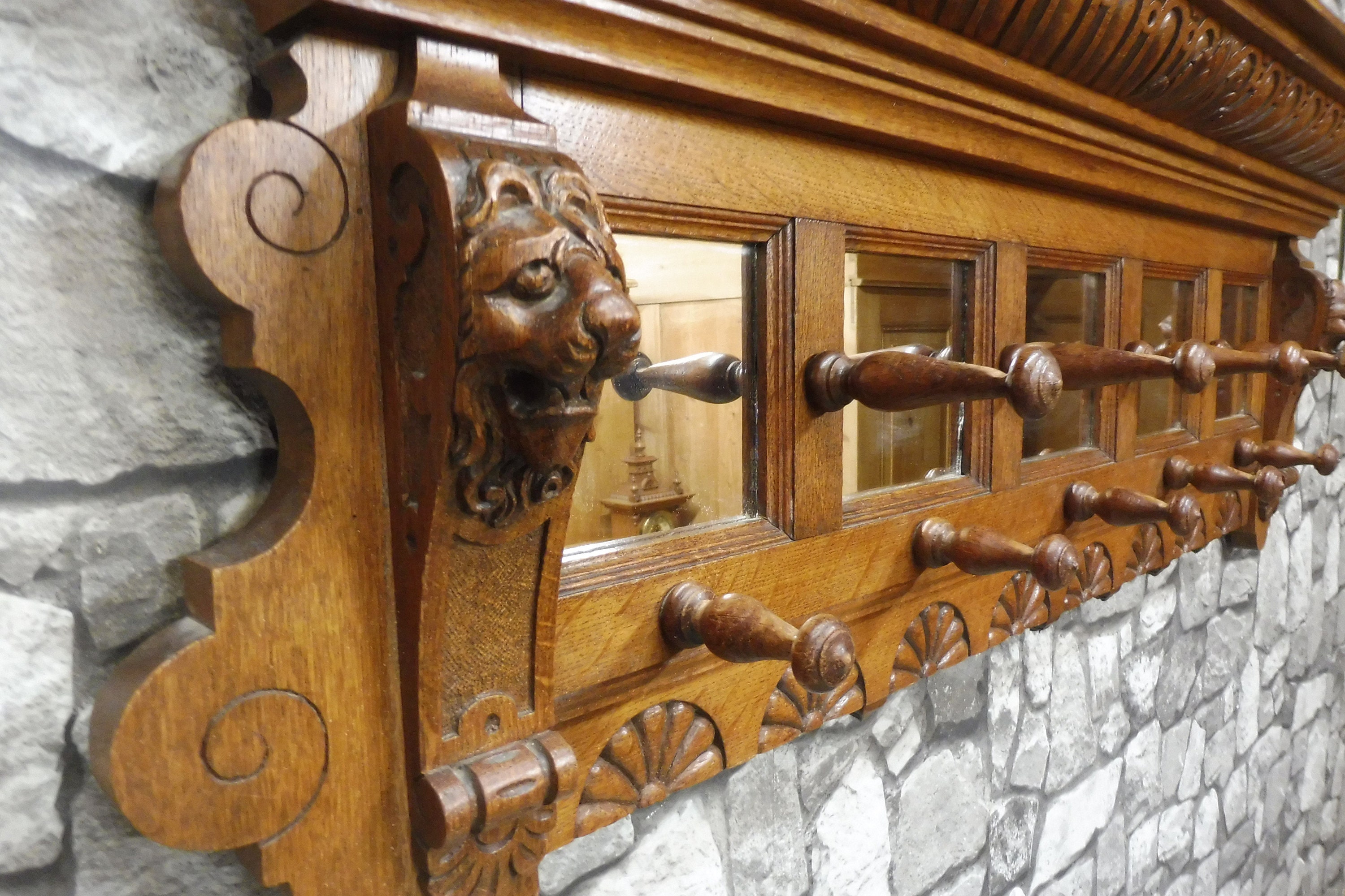 Big Antique Wooden Coat Rack Hall Tree Rack Oak Wood With Small Mirror ...