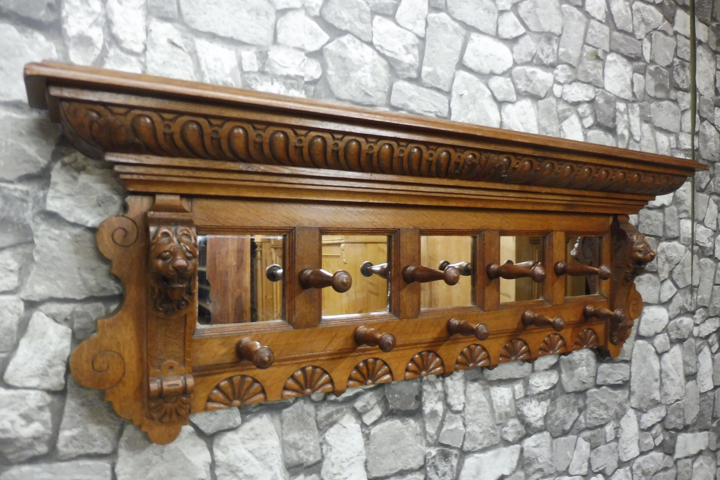 Big Antique Wooden Coat Rack Hall Tree Rack Oak Wood With Small Mirror ...