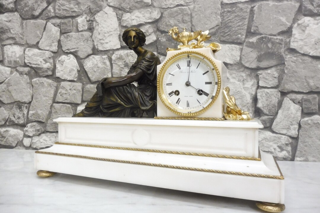 Antique French Mantel Clock Desk Clock Table Clock Bronze White Marble ...
