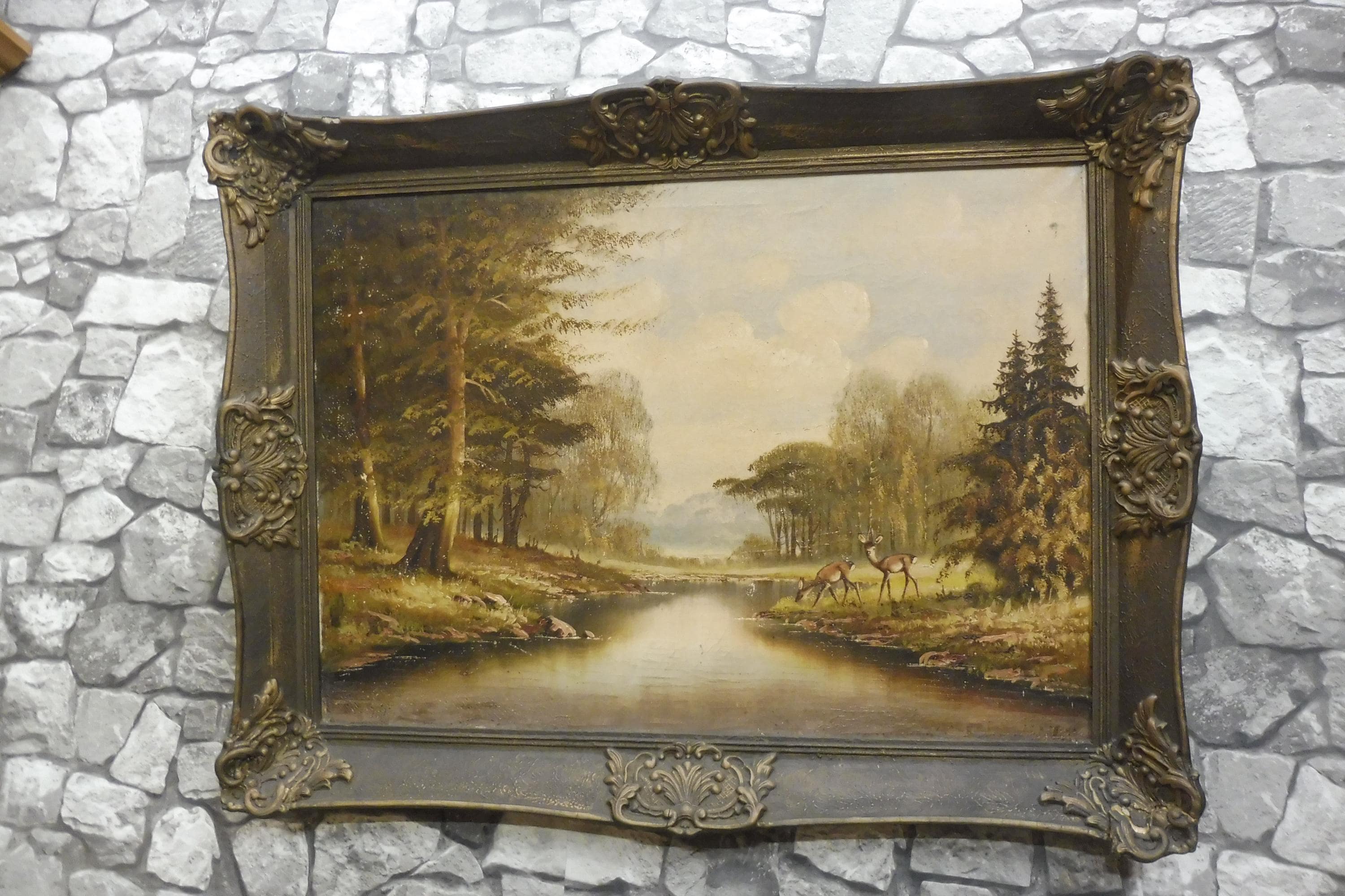 Antique Oil Painting Hand Painted Landscape With 2 Deers - Etsy
