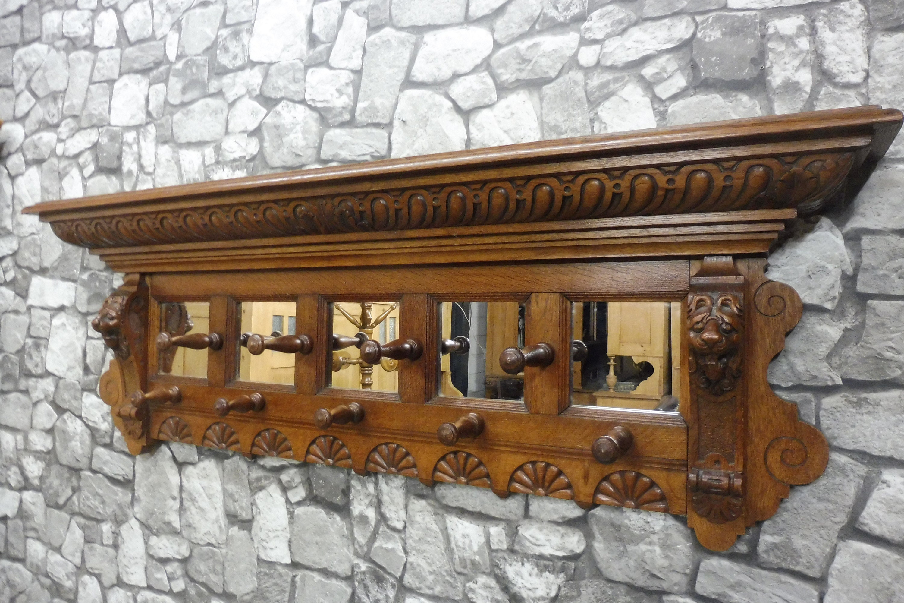 Big Antique Wooden Coat Rack Hall Tree Rack Oak Wood With Small Mirror ...