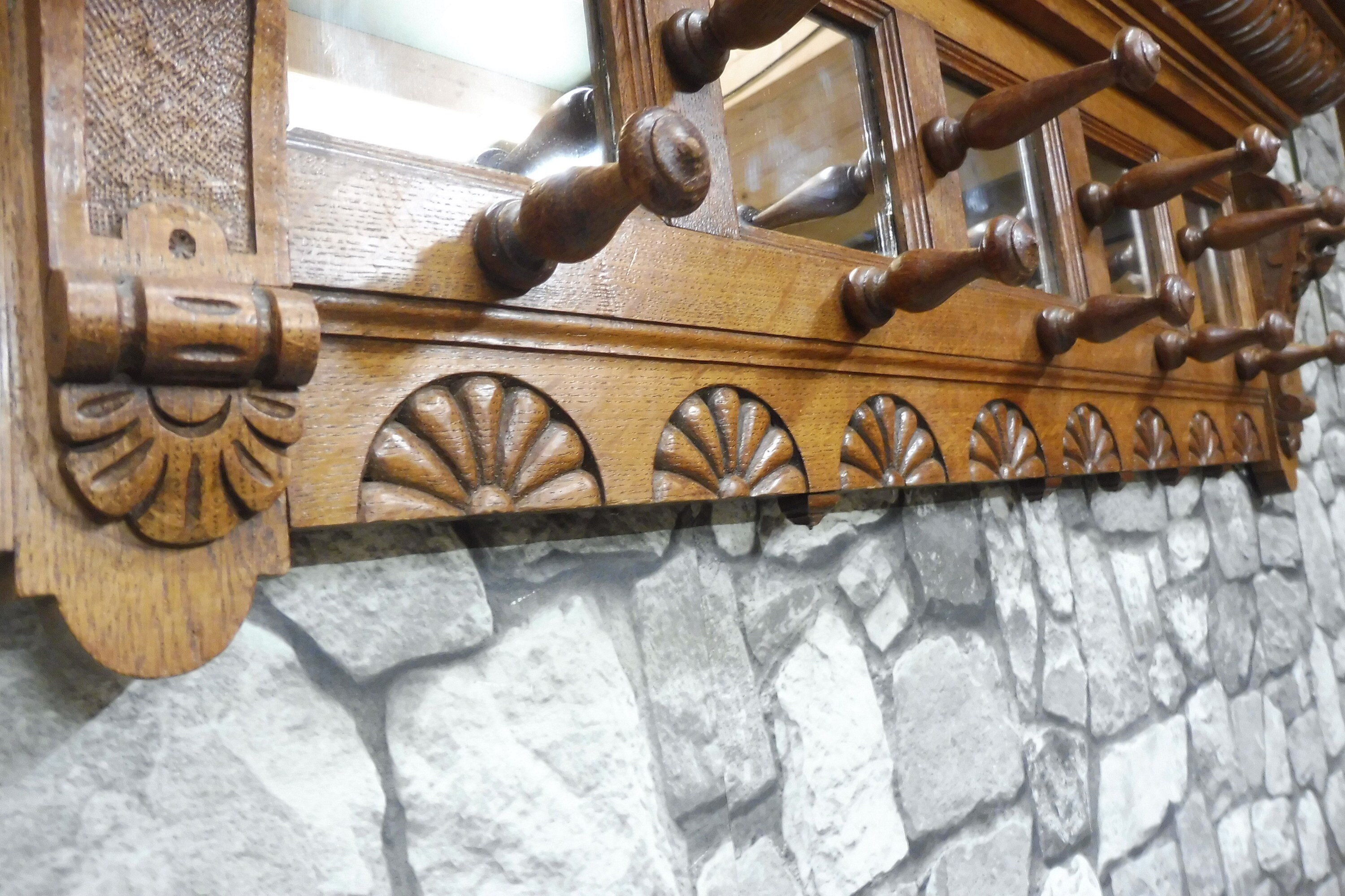 Big Antique Wooden Coat Rack Hall Tree Rack Oak Wood With Small Mirror ...