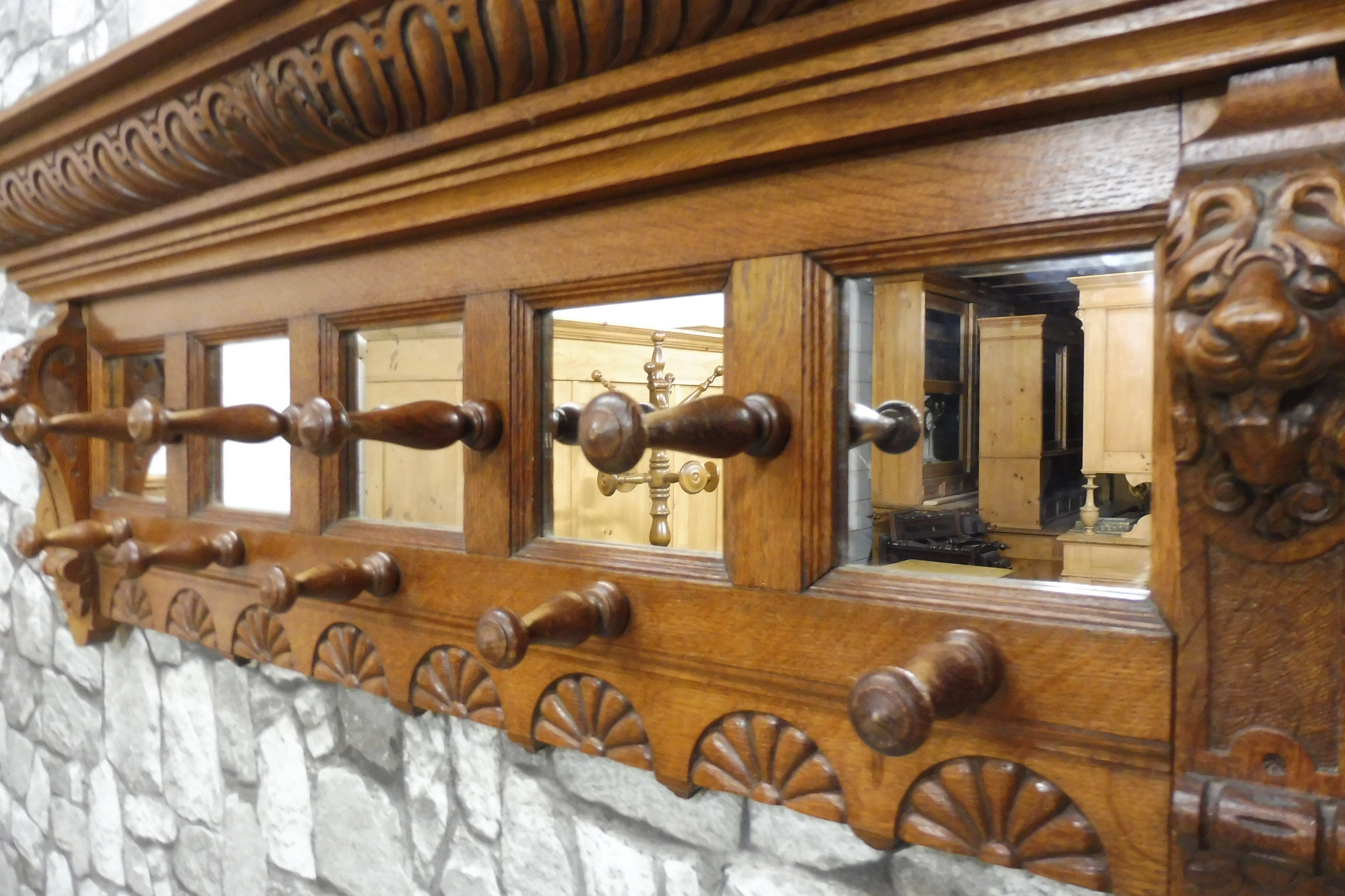 Big Antique Wooden Coat Rack Hall Tree Rack Oak Wood With Small Mirror ...