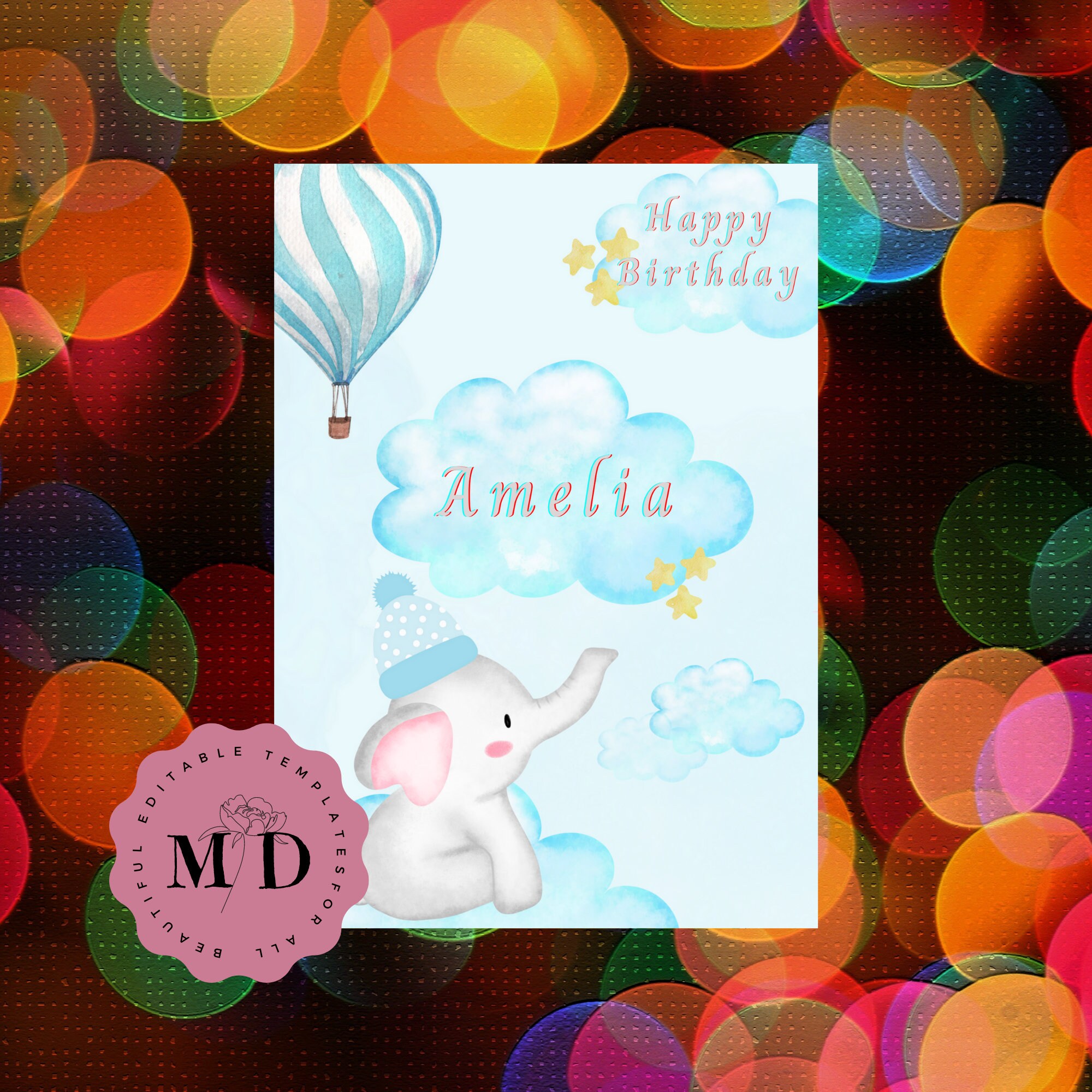 EDITABLE Elephant Birthday Card Template, DIGITAL DOWNLOAD, Instant ...