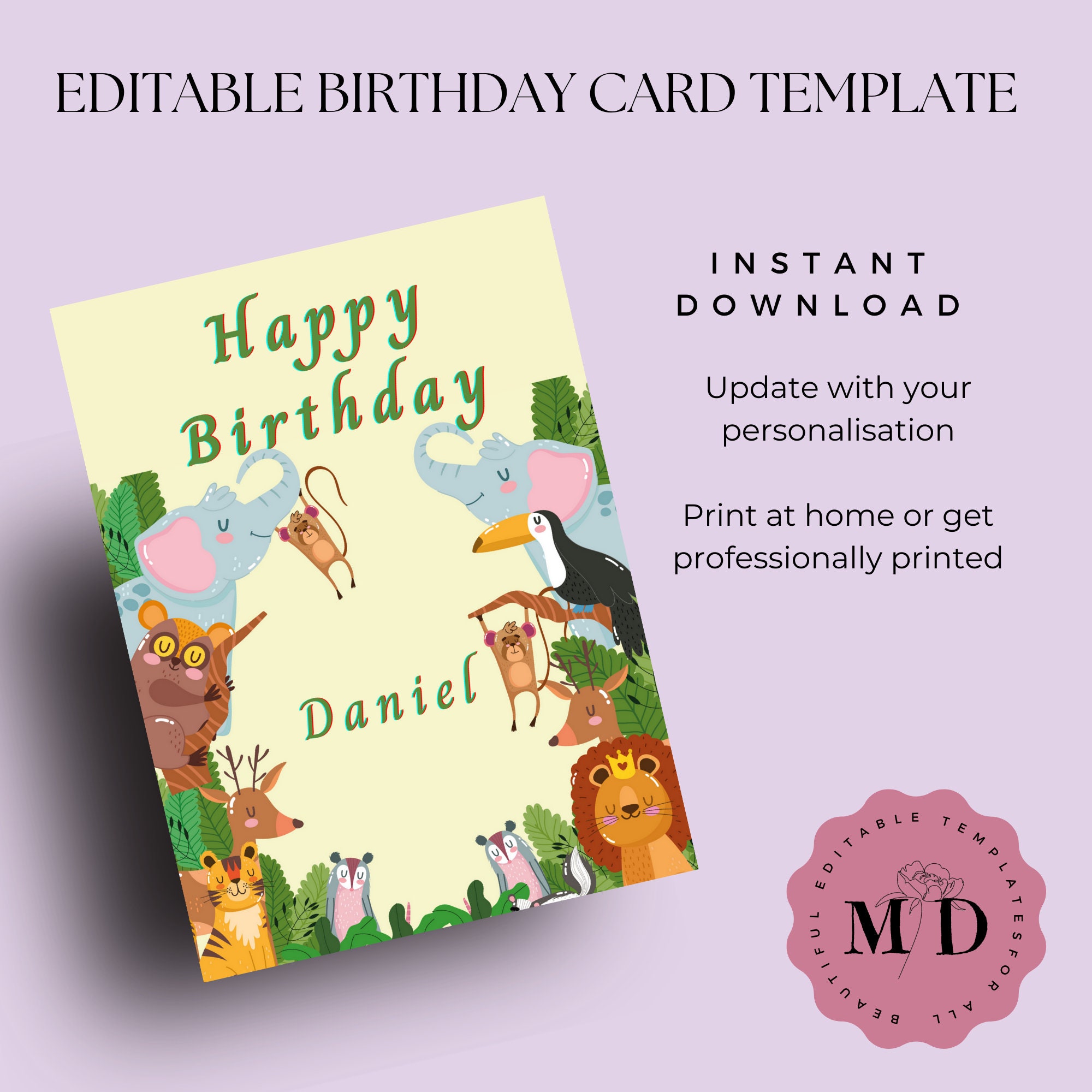 EDITABLE Jungle Animal Birthday Card Template, DIGITAL DOWNLOAD ...