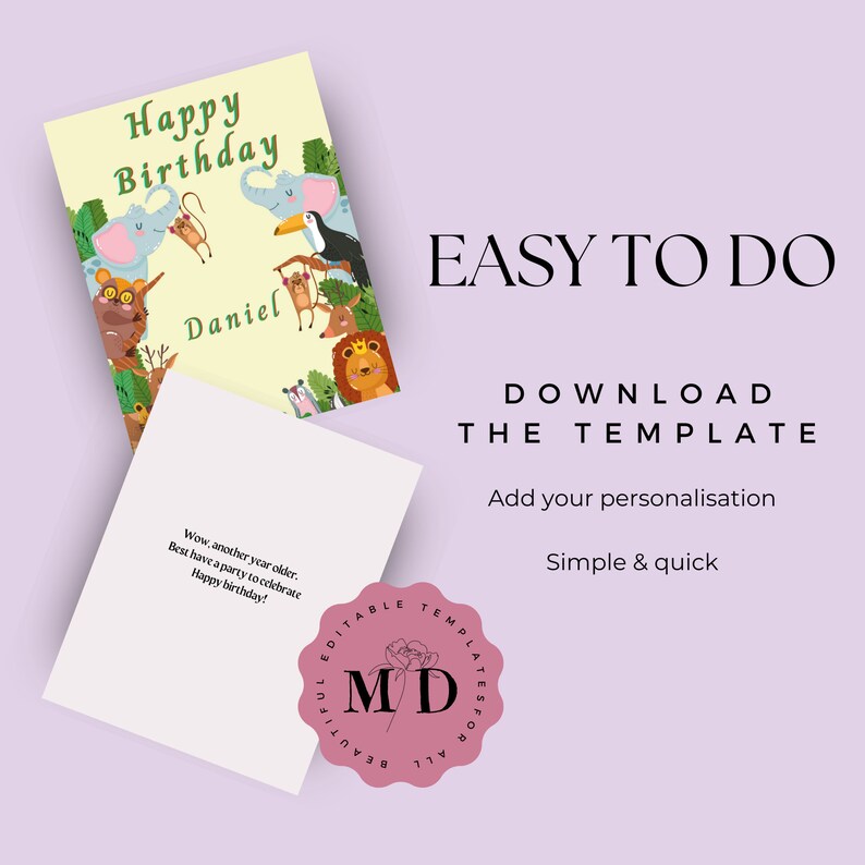 EDITABLE Jungle Animal Birthday Card Template, DIGITAL DOWNLOAD ...