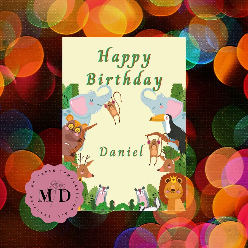 EDITABLE Jungle Animal Birthday Card Template, DIGITAL DOWNLOAD ...