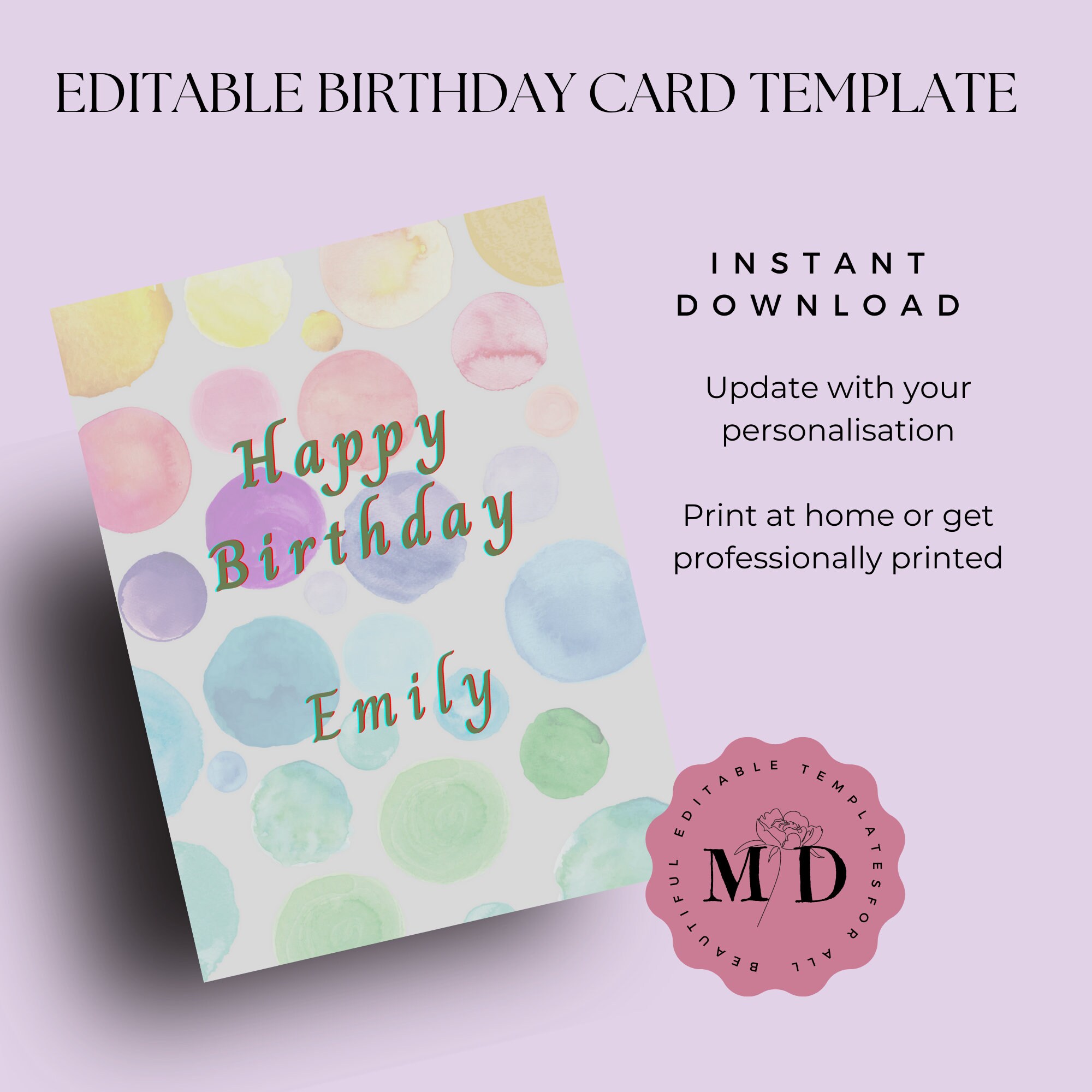 EDITABLE Pale Bubbly Birthday Card Template, DIGITAL DOWNLOAD ...